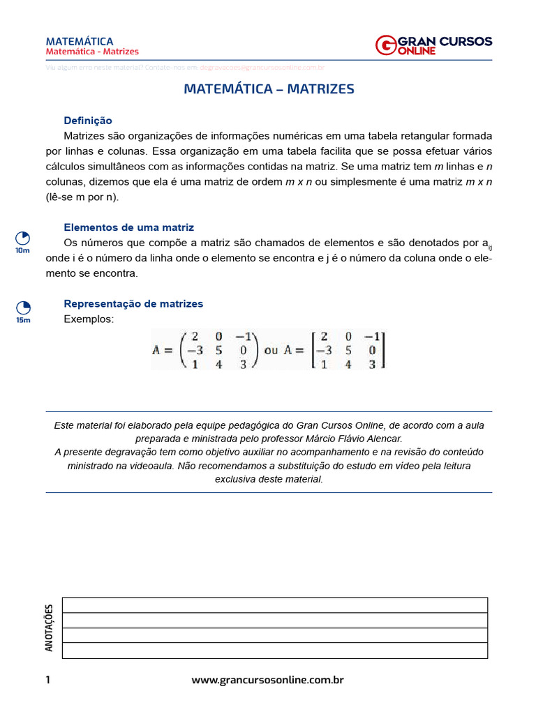 Aula 111 Matemática Matrizes Pdf