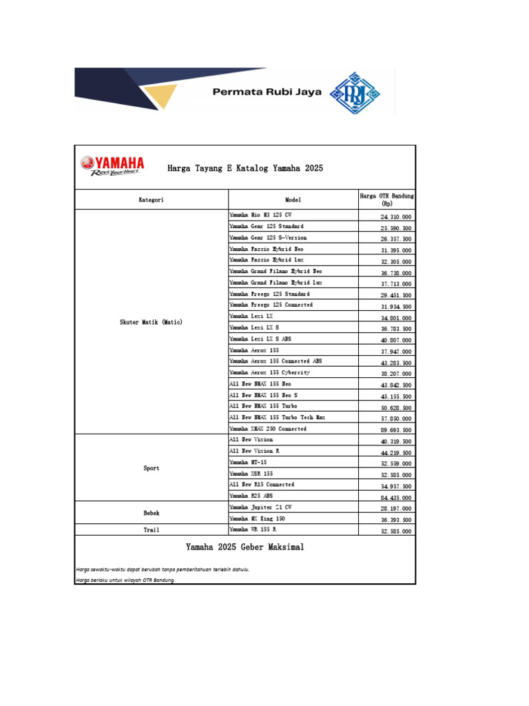 HARGA TAYANG E CATALOG YAMAHA 2025 PRJ | PDF