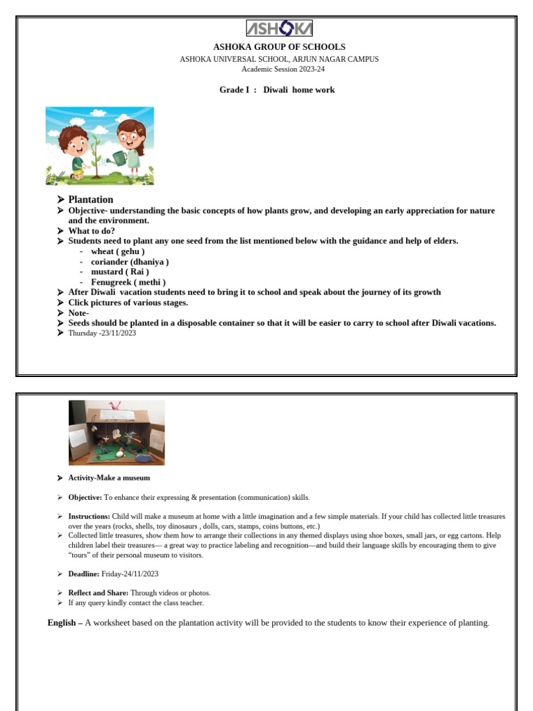 Diwali Homework for Grade 1 Students | PDF