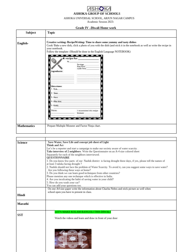 Grade 4 Diwali Home Work | PDF