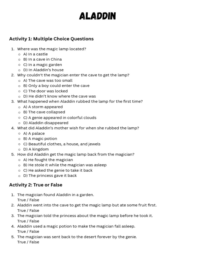 Aladdin Comprehension Activities | PDF | Fairy Tales | Folklore