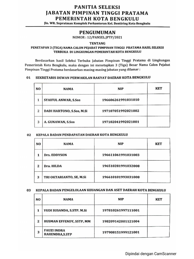 Pengumuman Seleksi Terbuka JPTP 2021 | PDF