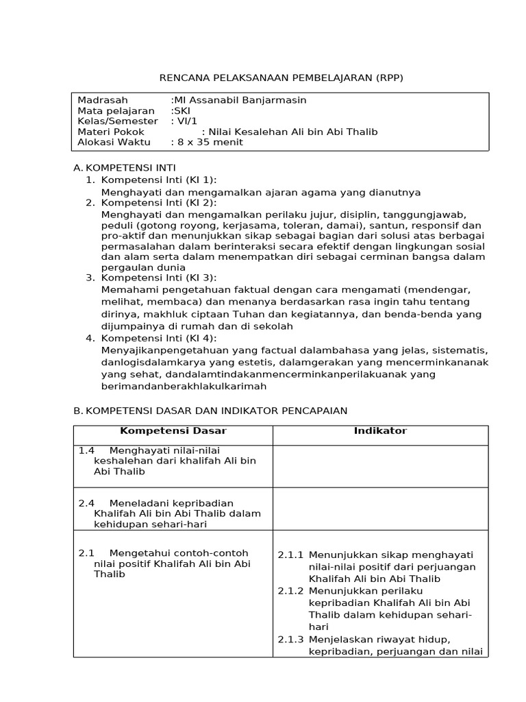 RPP SKI Kelas 6 BAB 4 Nilai-Nilai Kesalehan Ali Bin Abi Thalib | PDF