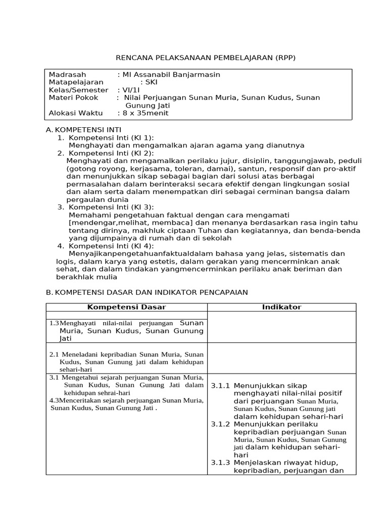 RPP SKI Kelas 6 BAB 7 Nilai Perjuangan Sunan Maulana Malik Ibrahim, Sunan Ampel Dan Sunan Giri | PDF