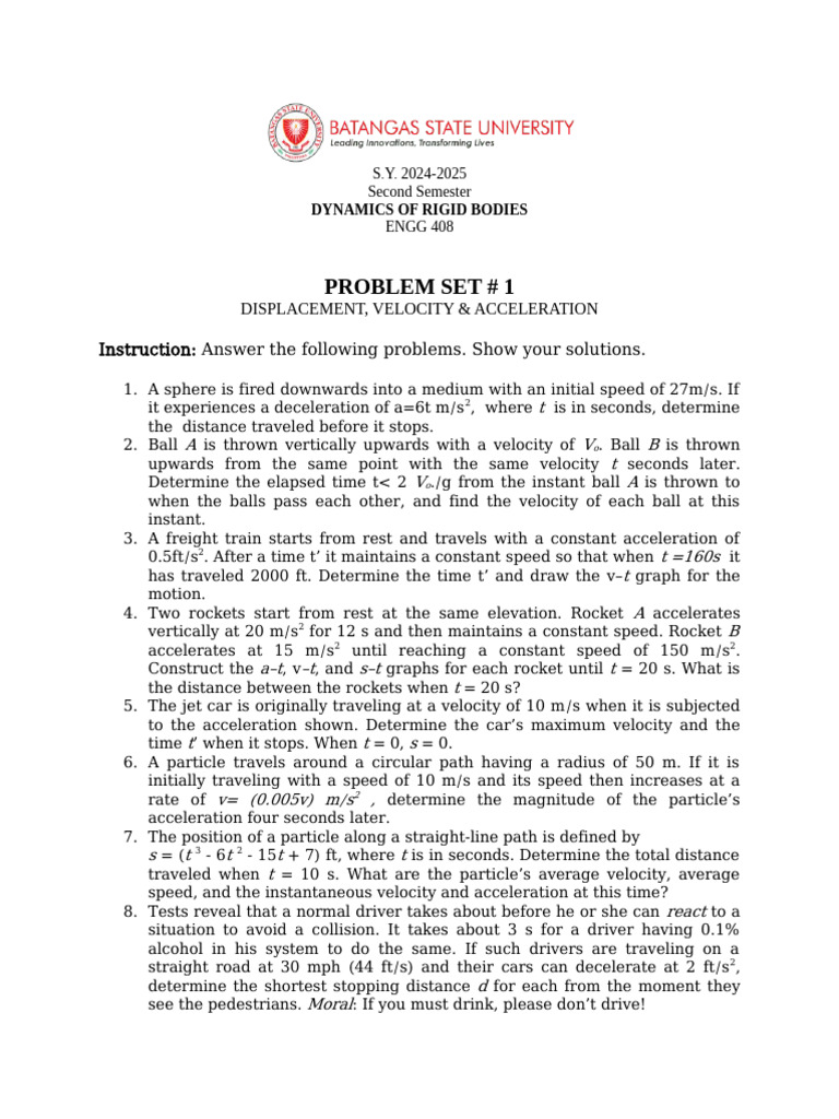 Problem Set 1_Engg408 | PDF | Acceleration | Classical Mechanics