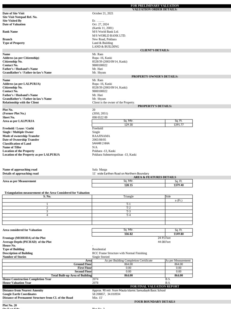 Sample Property Valuation (L+B) | PDF | Wall | Valuation (Finance)