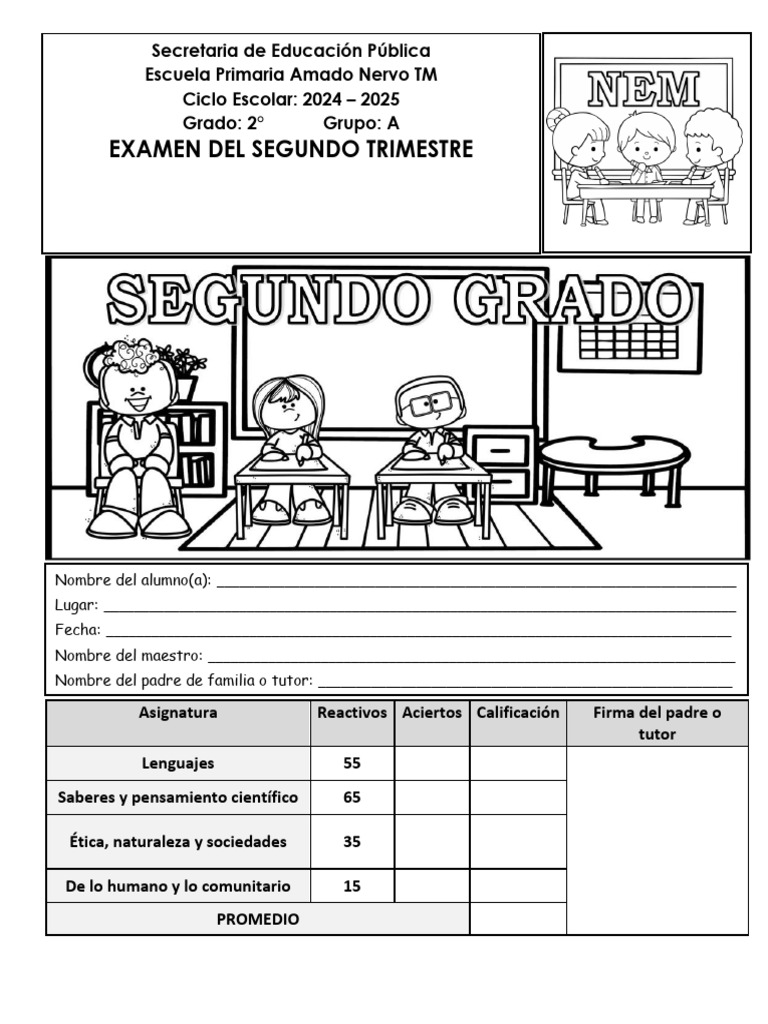 Examen Segundo Trimestre 2° Grado | PDF