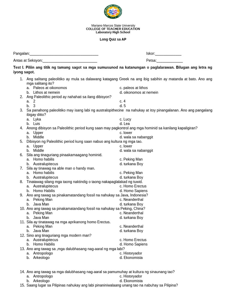 Long Quiz Ap 7 - Prehistoriko | PDF
