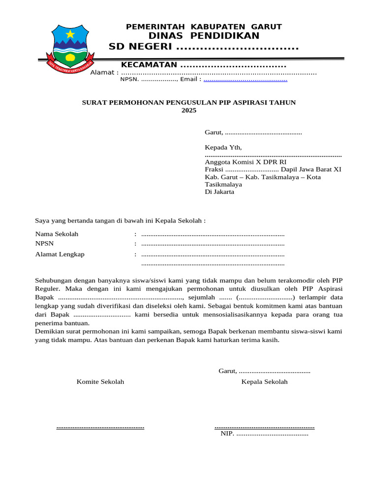 Surat Permohonan PIP Aspirasi 2025 | PDF