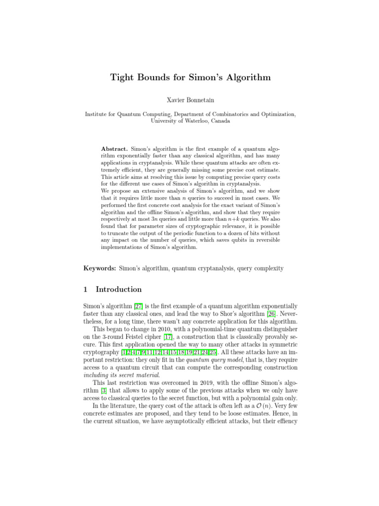 Tight Bounds For Simon's Algorithm: Abstract | PDF | Quantum Computing | Cryptanalysis