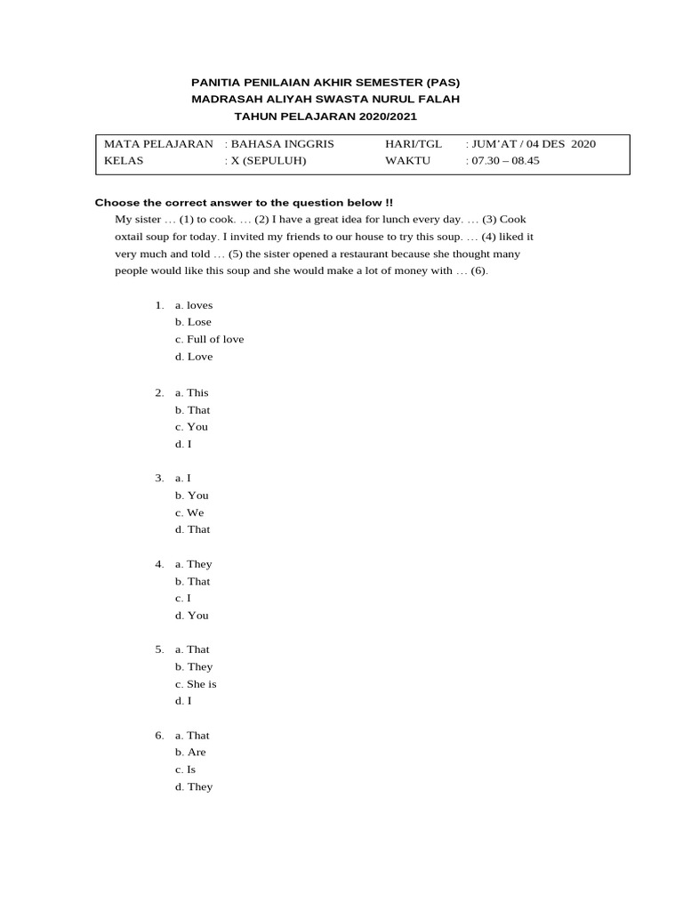 Soal Ujian Bahasa Inggris Kelas X | PDF
