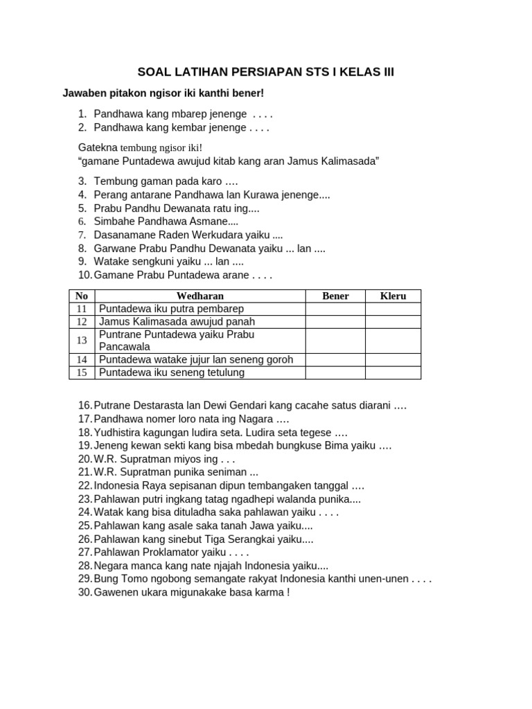 SOAL LATIHAN PERSIAPAN STS I KELAS III | PDF