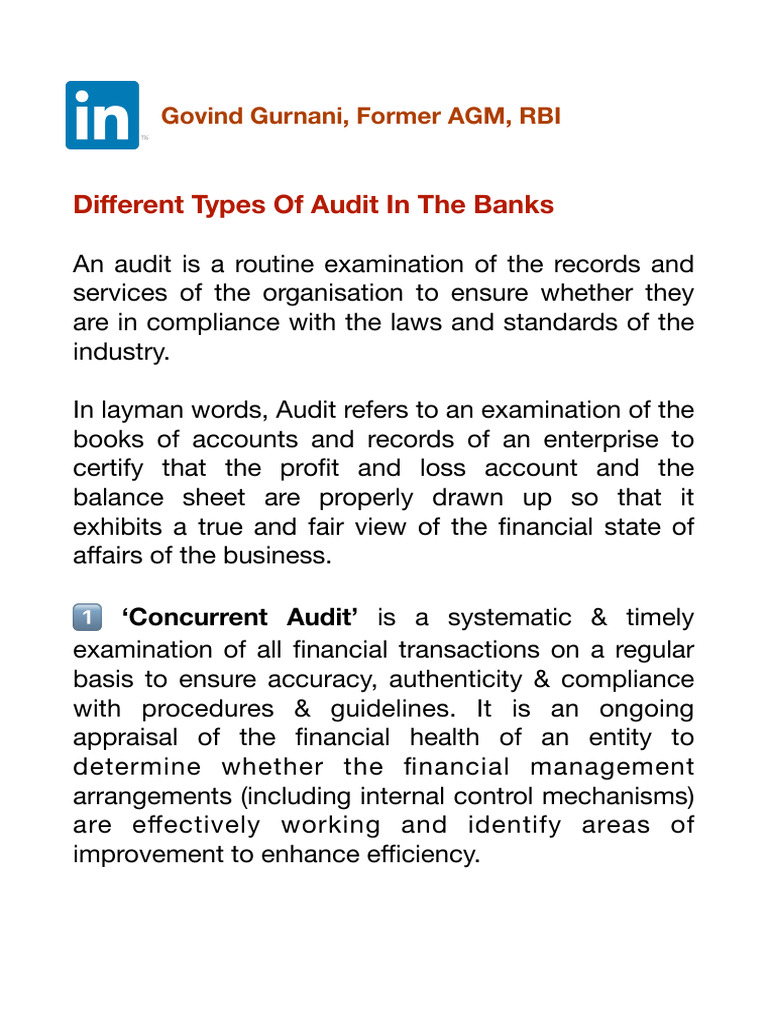 Different Types of Audit in The Banks | PDF | Audit | Internal Audit