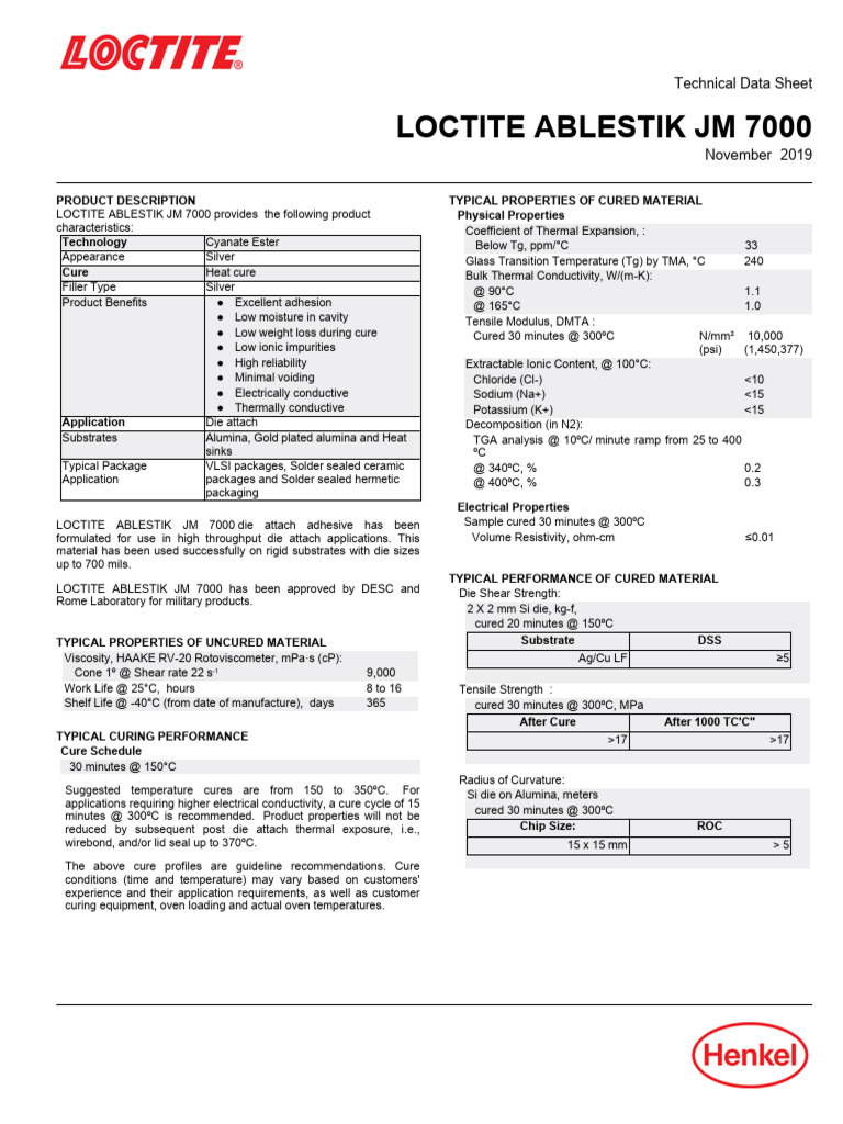 LOCTITE ABLESTIK JM 7000 Overview | PDF | Electrical Resistivity And ...