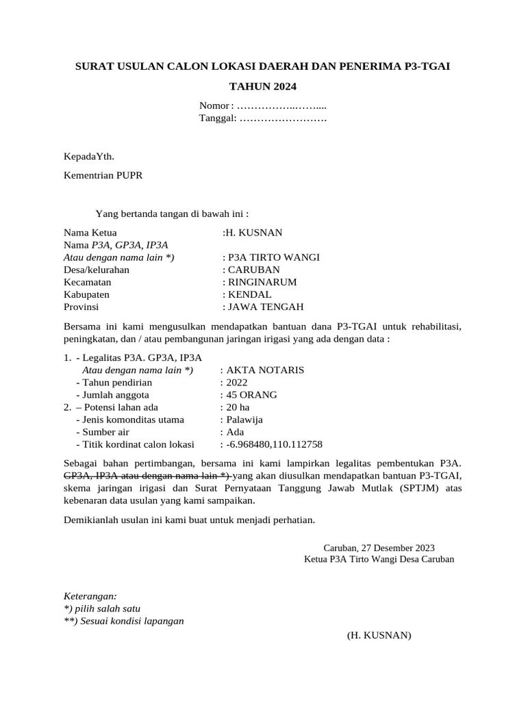Surat Usulan Calon Lokasi Daerah Dan Penerima P3a Desa ..... Kec ...