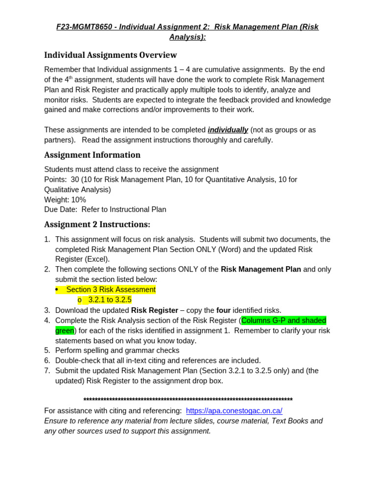 F23 - Individual Assignment 2 Risk Analysis - Instructions | PDF