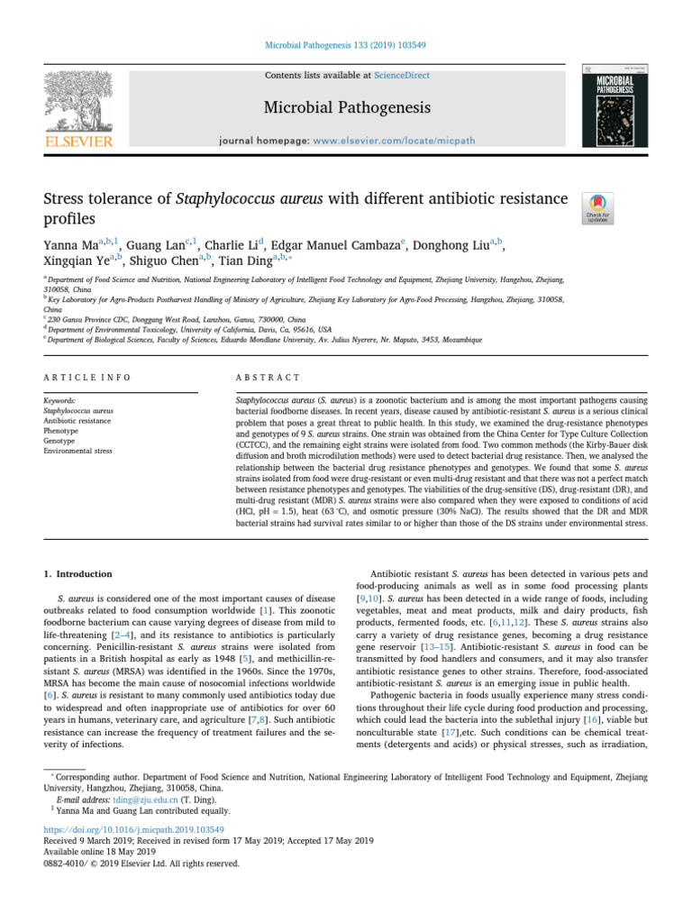 Stress tolerance of Staphylococcus aureus with different antibiotic resistance profiles | PDF ...