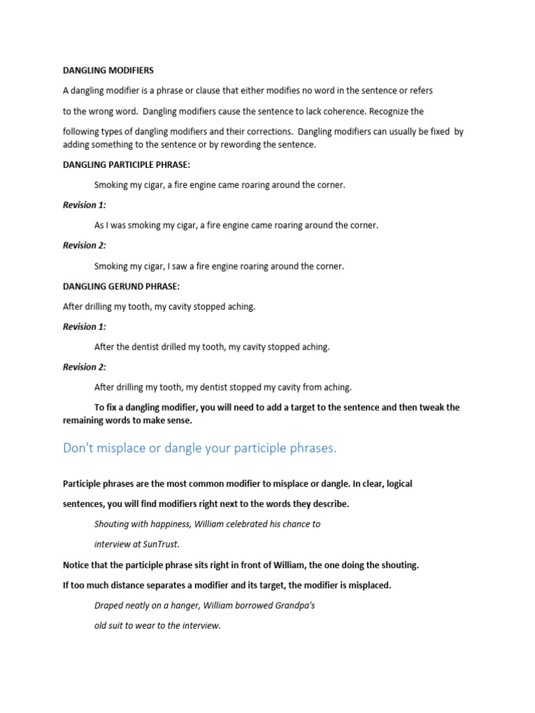 DANGLING MODIFIERS participle and gerund (1) | PDF | Sentence ...