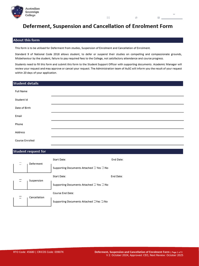 Deferment, Suspension and Cancellation of Enrolment Form V2 | PDF