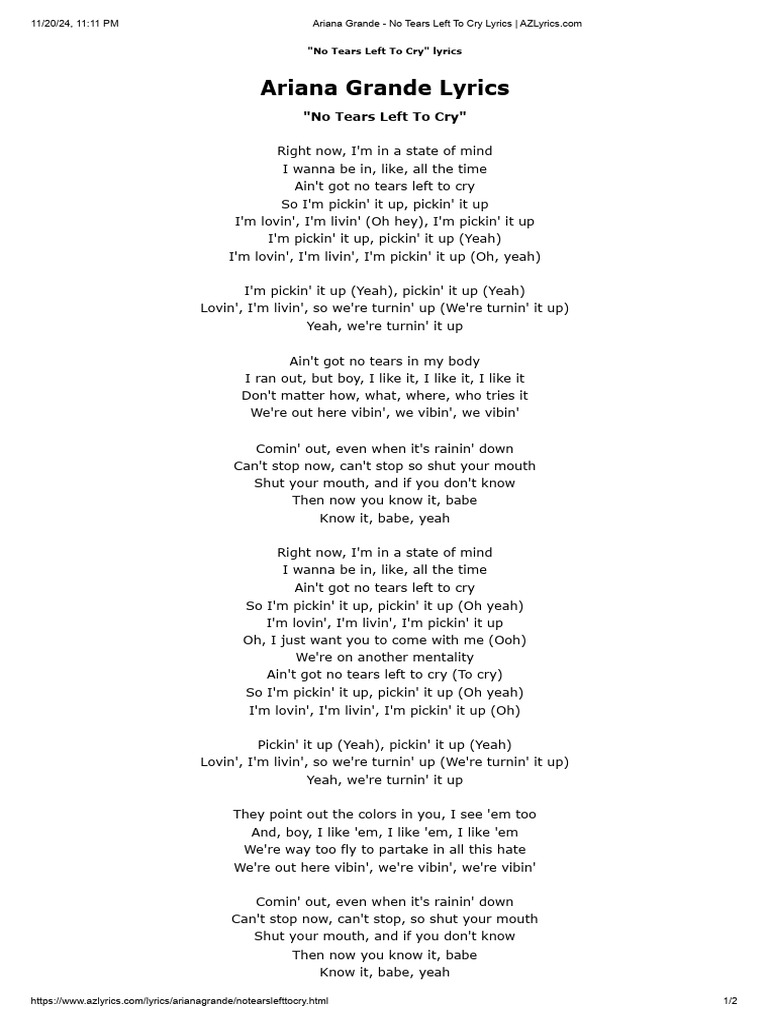 Ariana Grande - No Tears Left To Cry Lyrics | PDF | Number One Singles ...