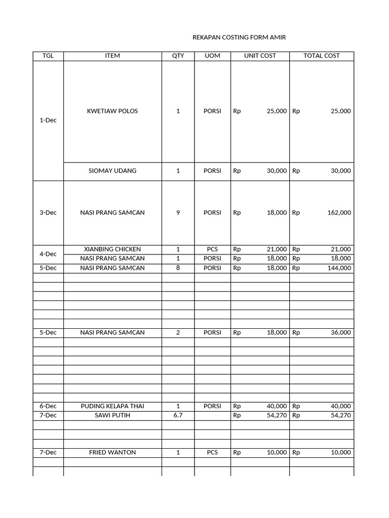 Costing Form Desember - Revisi | PDF