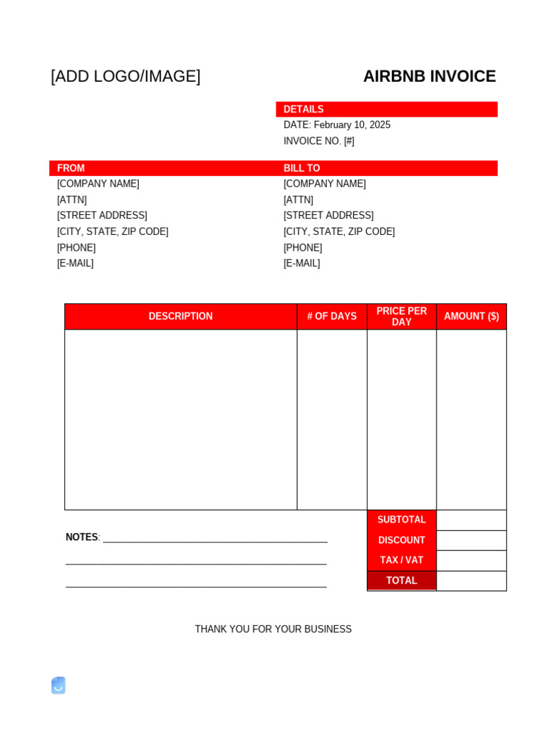 Airbnb Invoice Template | PDF