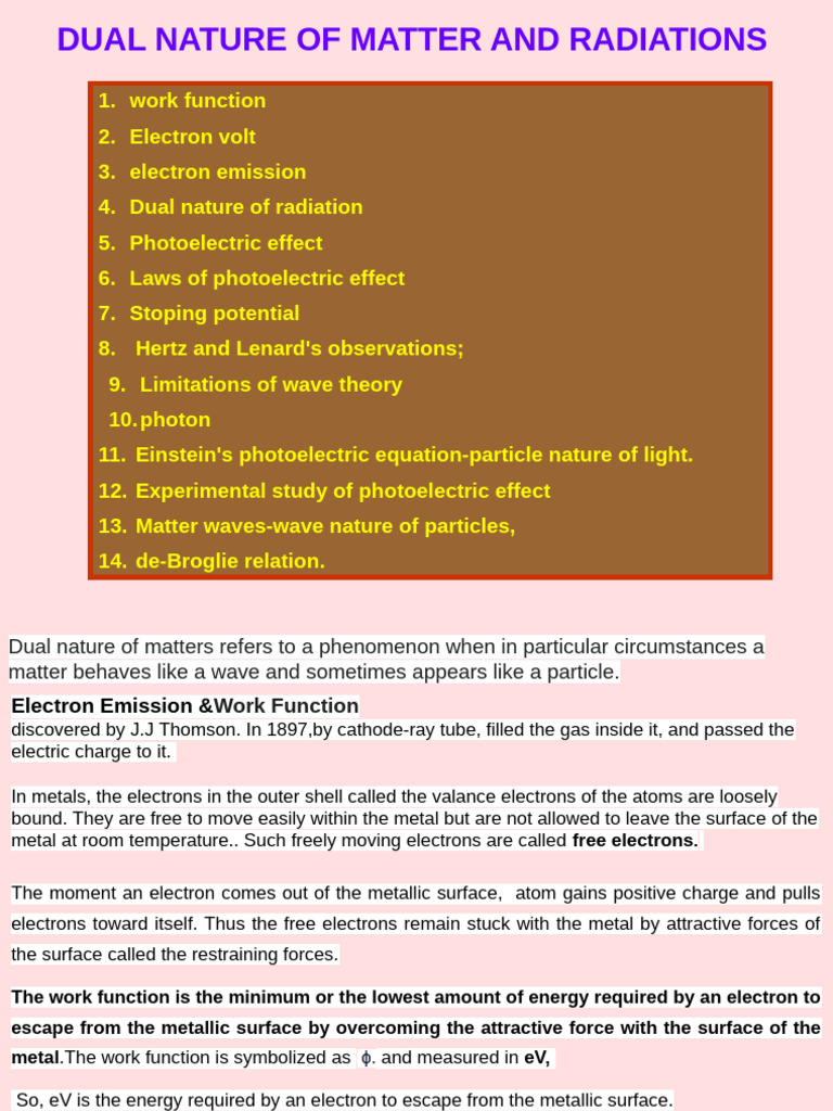 Dual Nature of Matter Radiations | PDF | Photoelectric Effect | Electron