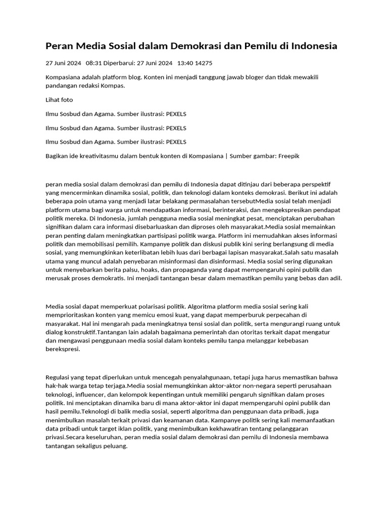 Peran Media Sosial Dalam Demokrasi Dan Pemilu Di Indonesia | PDF