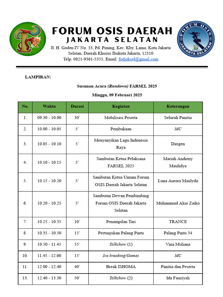 Rundown Acara FARSEL 2025 OSIS SMA 34 | PDF