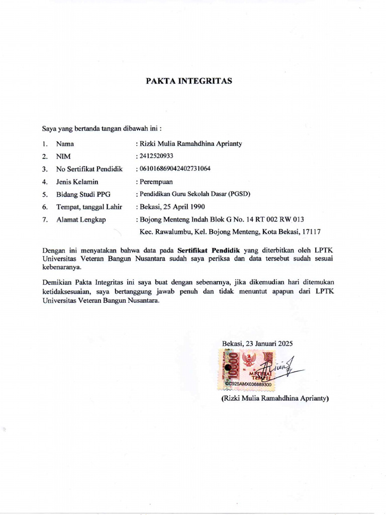 PAKTA INTEGRITAS Rizki Mulia RA | PDF