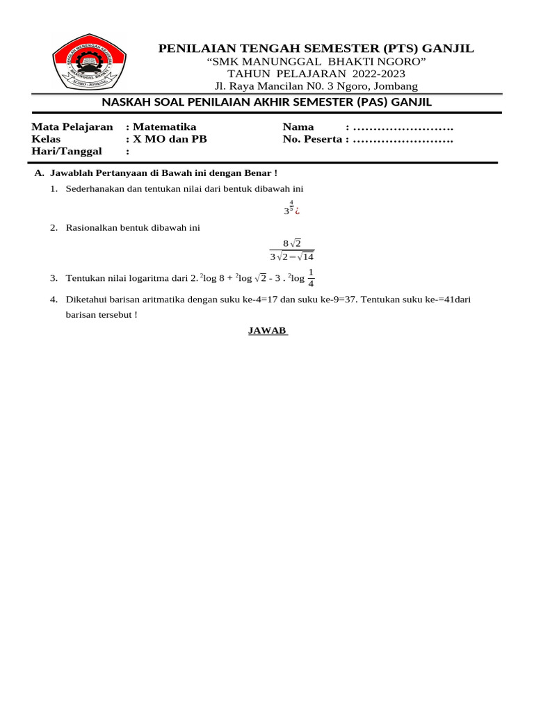 Soal MTK Kelas X | PDF