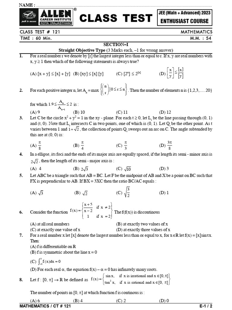 121 Class Test (E-TMAS) Student | PDF | Ellipse | Numbers