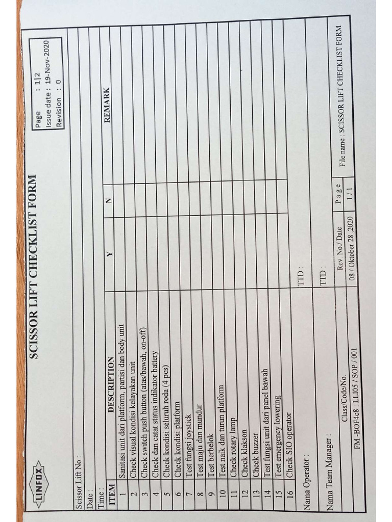 Check List Scisorlift Linfox | PDF