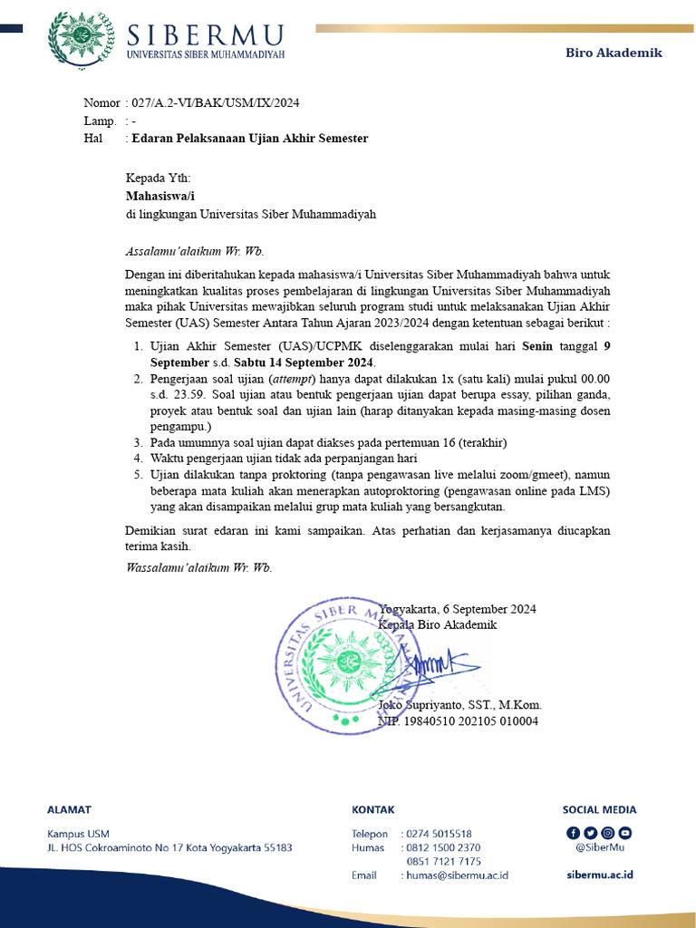 027 - A.2-VI - BAK - USM - IX - 2024 Surat Edaran Mahasiswa Pelaksanaan Ujian Akhir Semester Sem ...