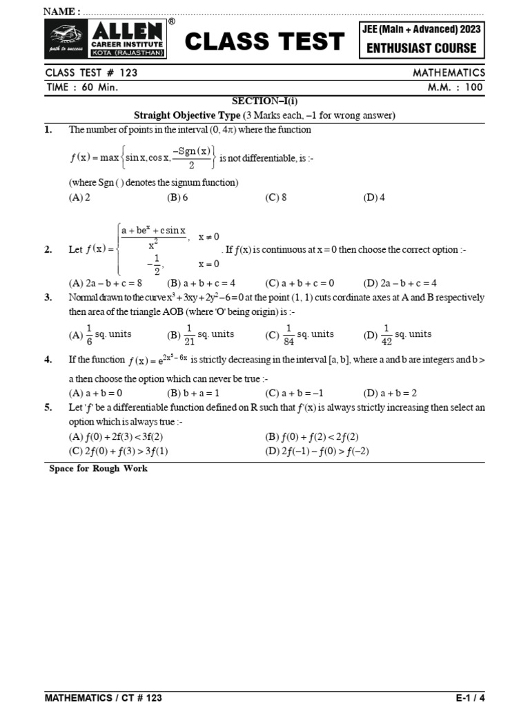 123 Class Test (E-TMAS) Student | PDF | Function (Mathematics ...