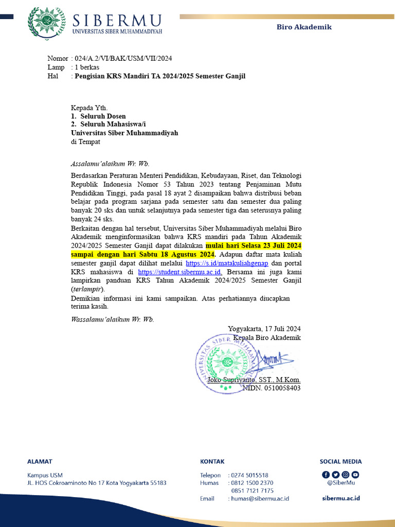 024 - A.2 - VI - BAK - USM - VII - 2024 Surat Pengisian KRS Mandiri TA 2024 - 2025 Semester ...