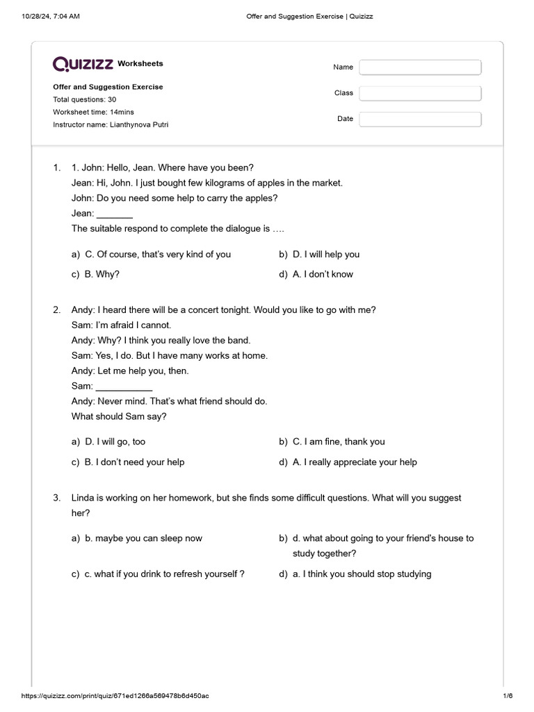 Offer and Suggestion Exercise Worksheet | PDF
