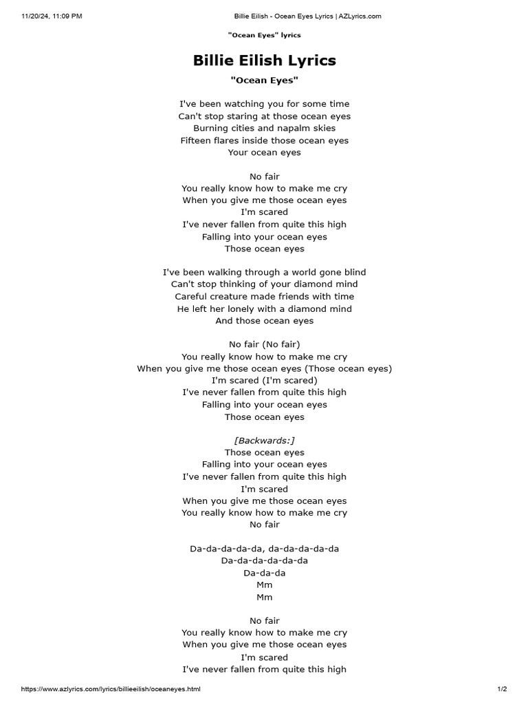 Billie Eilish - Ocean Eyes Lyrics | PDF | Recorded Music | Song Recordings Produced