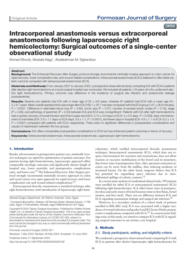 Intracorporeal Anastomosis Versus Extracorporeal.3 | PDF | Surgery | Colorectal Cancer