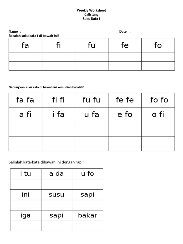 Worksheet Suku Kata Fa Fi Fu Fe Fo | PDF