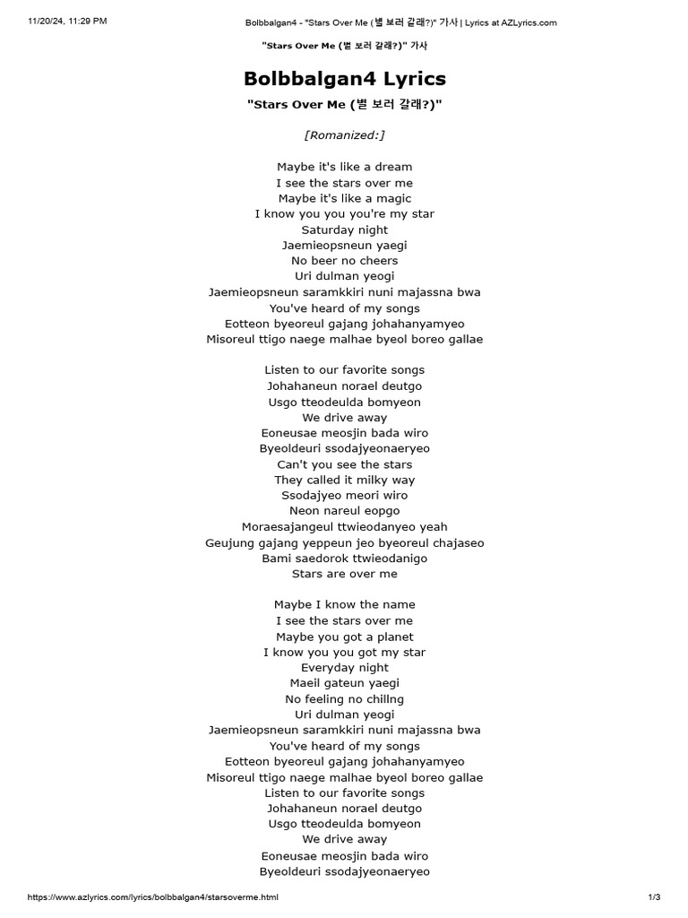 Bolbbalgan4: Stars Over Me Lyrics | PDF