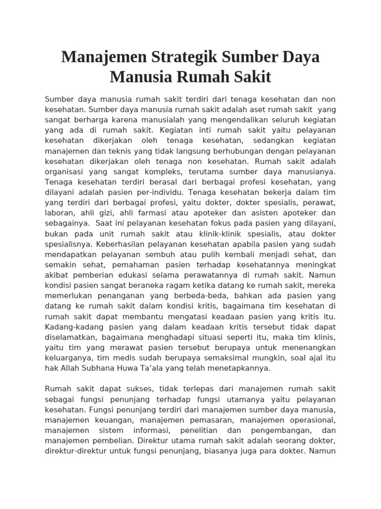 Manajemen Strategik Sumber Daya Manusia Rumah Sakit | PDF