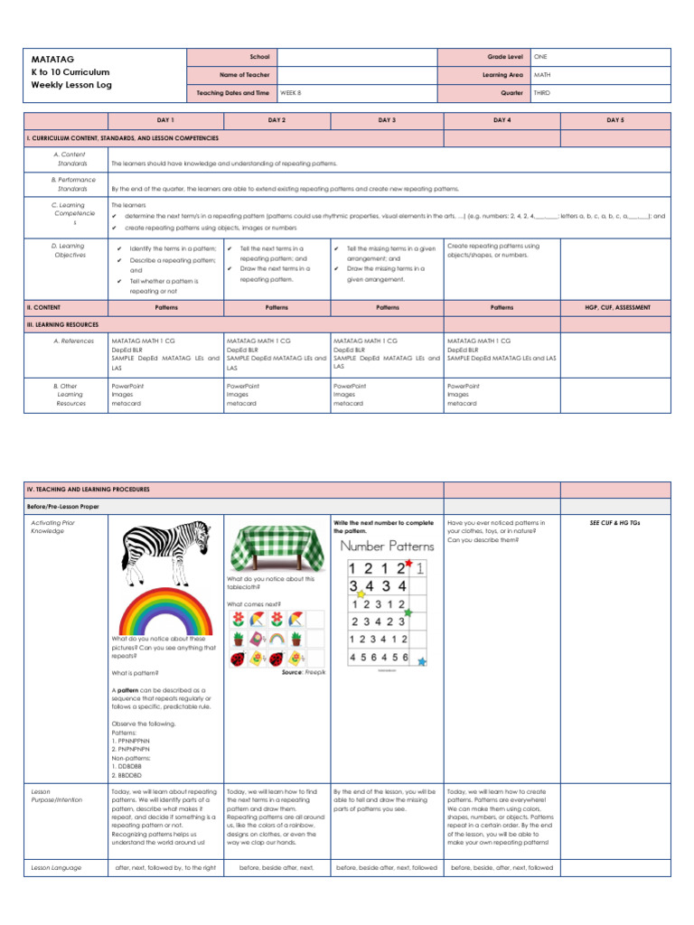 w8 q3 Math1 Matatag DLL | PDF | Learning | Curriculum