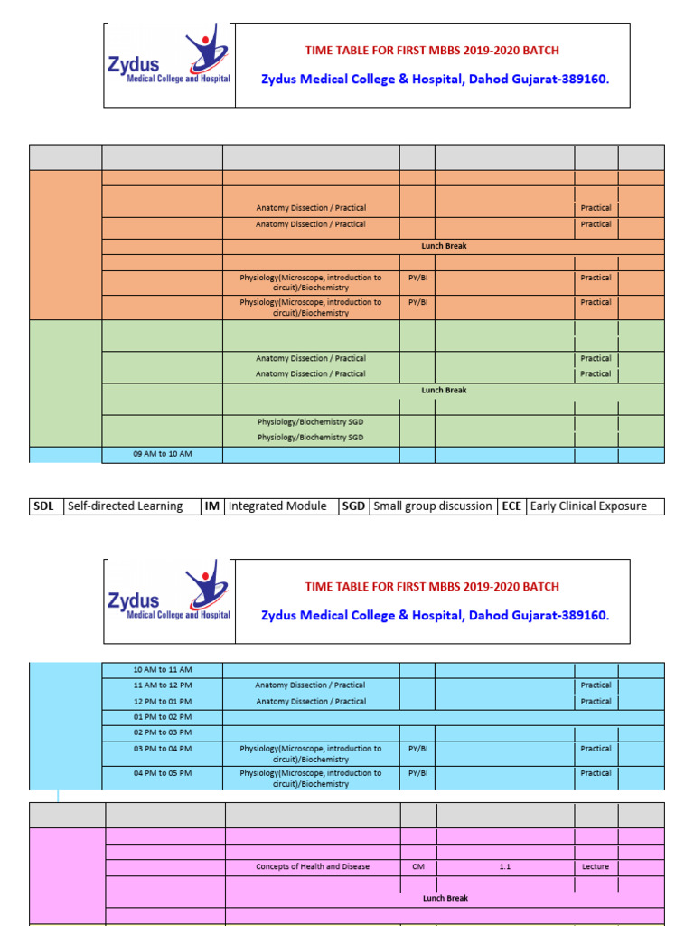 ZMCH Time Table For First Mbbs 2019-2020 Batch | PDF | Anatomy | Histology