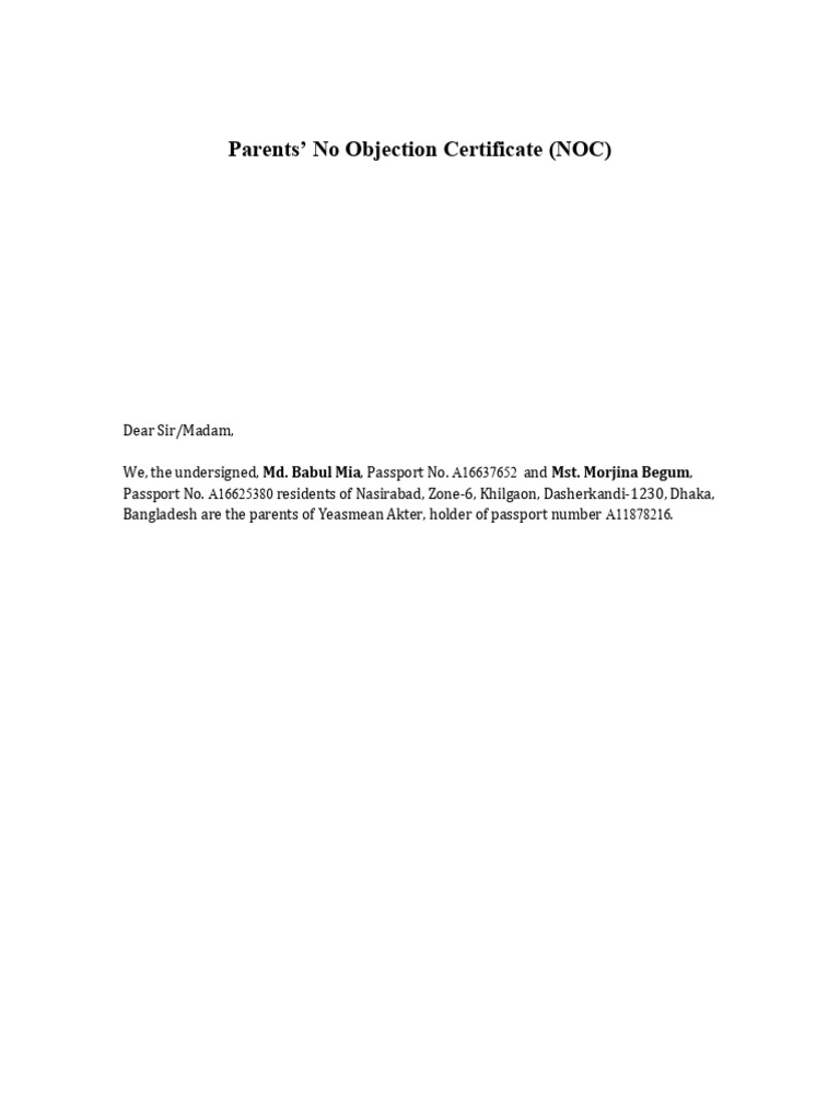 Parents No Objection Letter | PDF