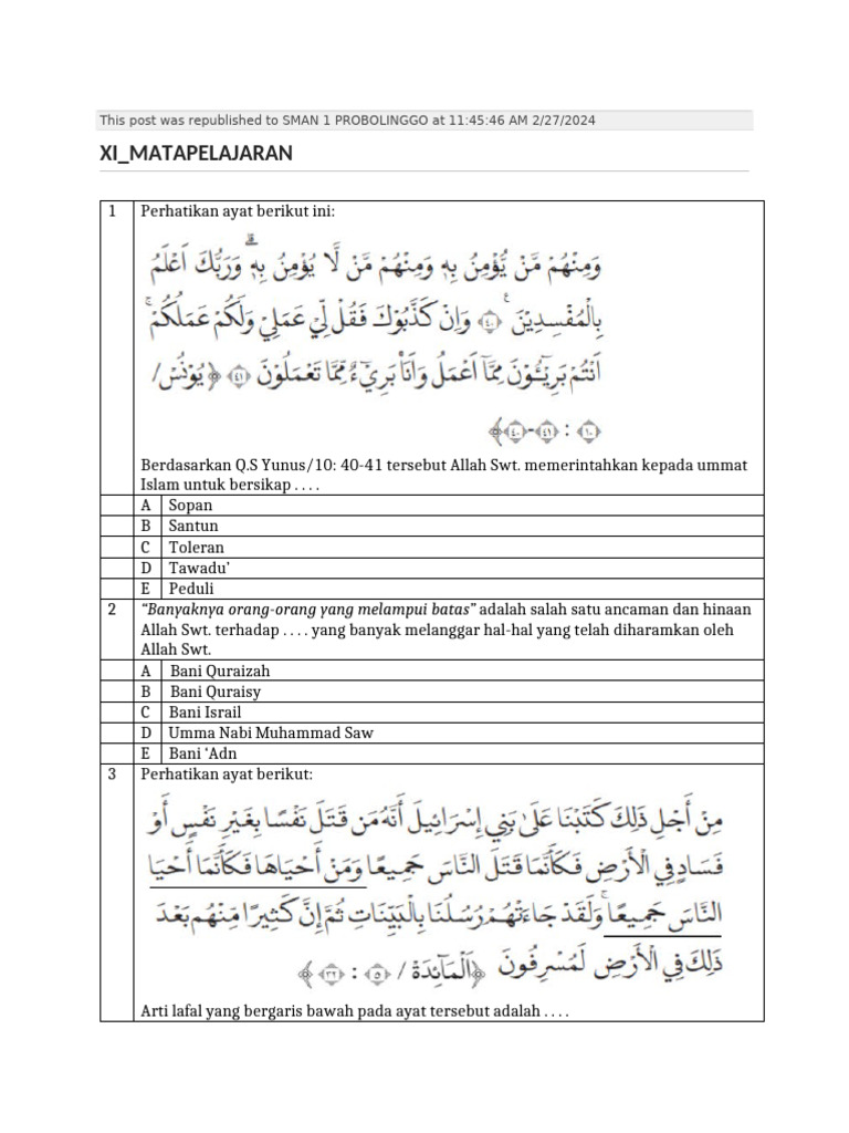 Soal Sas Pai Xi Genap 2023-2024 | PDF