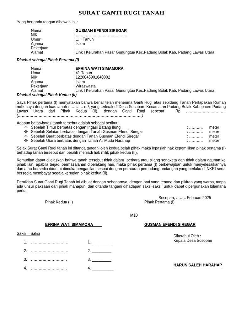 Surat Ganti Rugi Tanah Sosopan | PDF