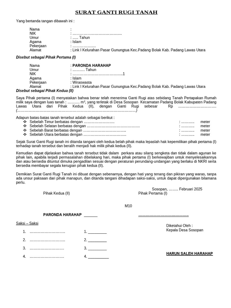 Surat Ganti Rugi Tanah - Paronda Harahap | PDF