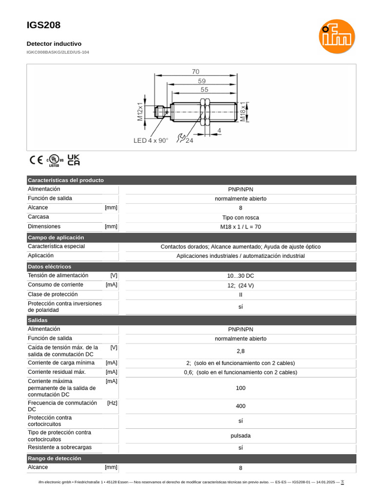 Detector Inductivo Industrial IGS208 | PDF | Conector eléctrico ...