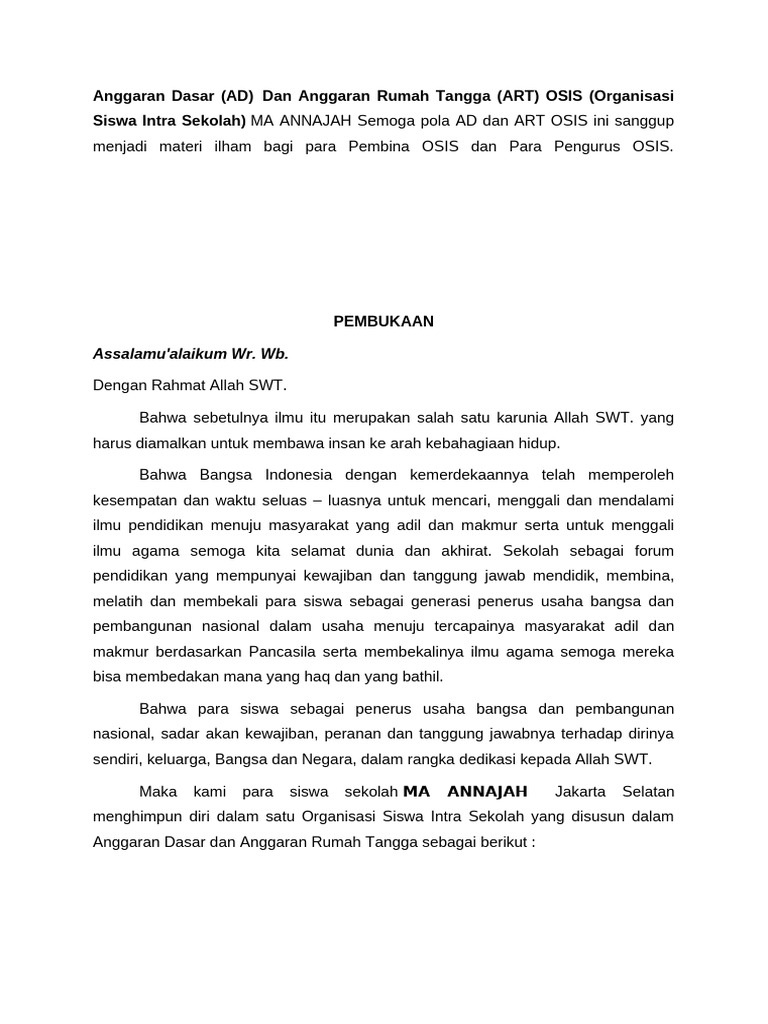 AD/ART OSIS MA Annajah Jakarta Selatan | PDF